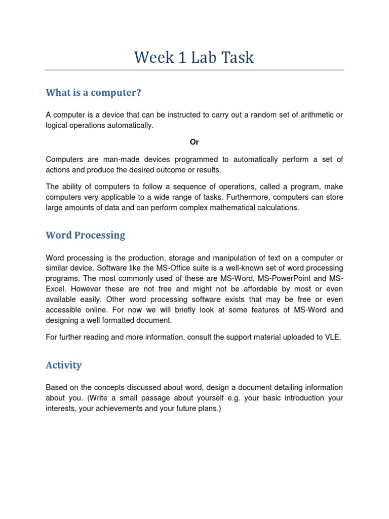 Week 1 Lab Task - 2017 | PDF | Computers | Technology & Engineering