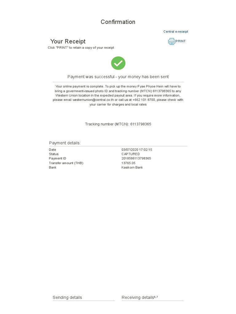 Confirmation Receipt | PDF | Western Union | Payments