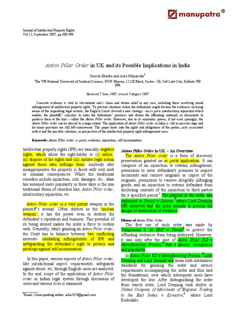Anton Piller Order in UK and Its Possible Implications in India | PDF ...