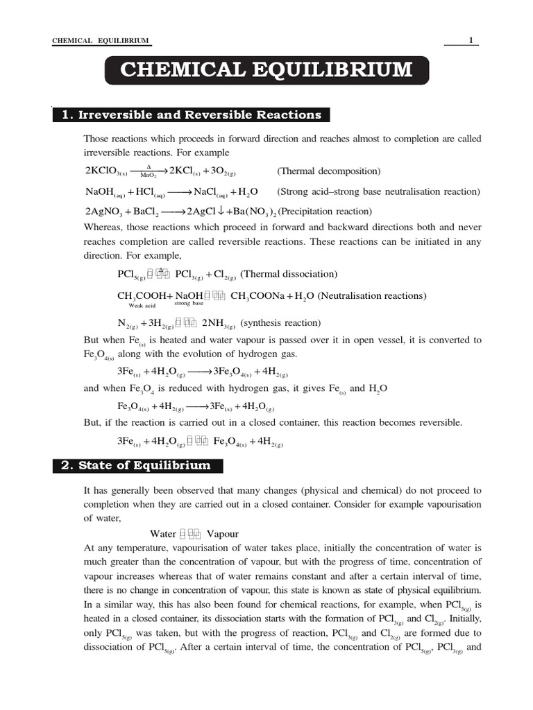 Chemical Equilibrium: 1. Irreversible and Reversible Reactions | PDF ...