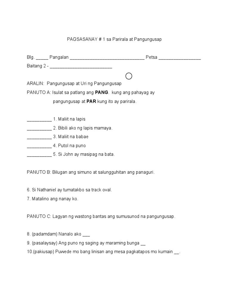 Pagsasanay Sa Parirala at Pangungusap | PDF