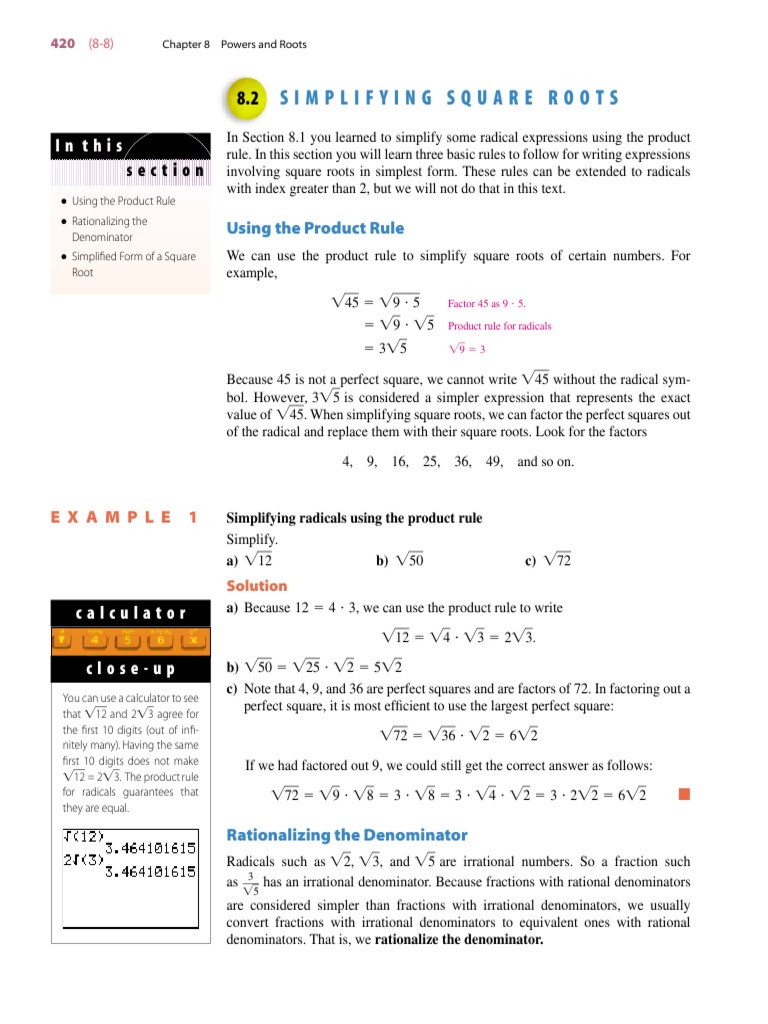 Simplifying Square Roots: Section | PDF | Fraction (Mathematics) | Algebra