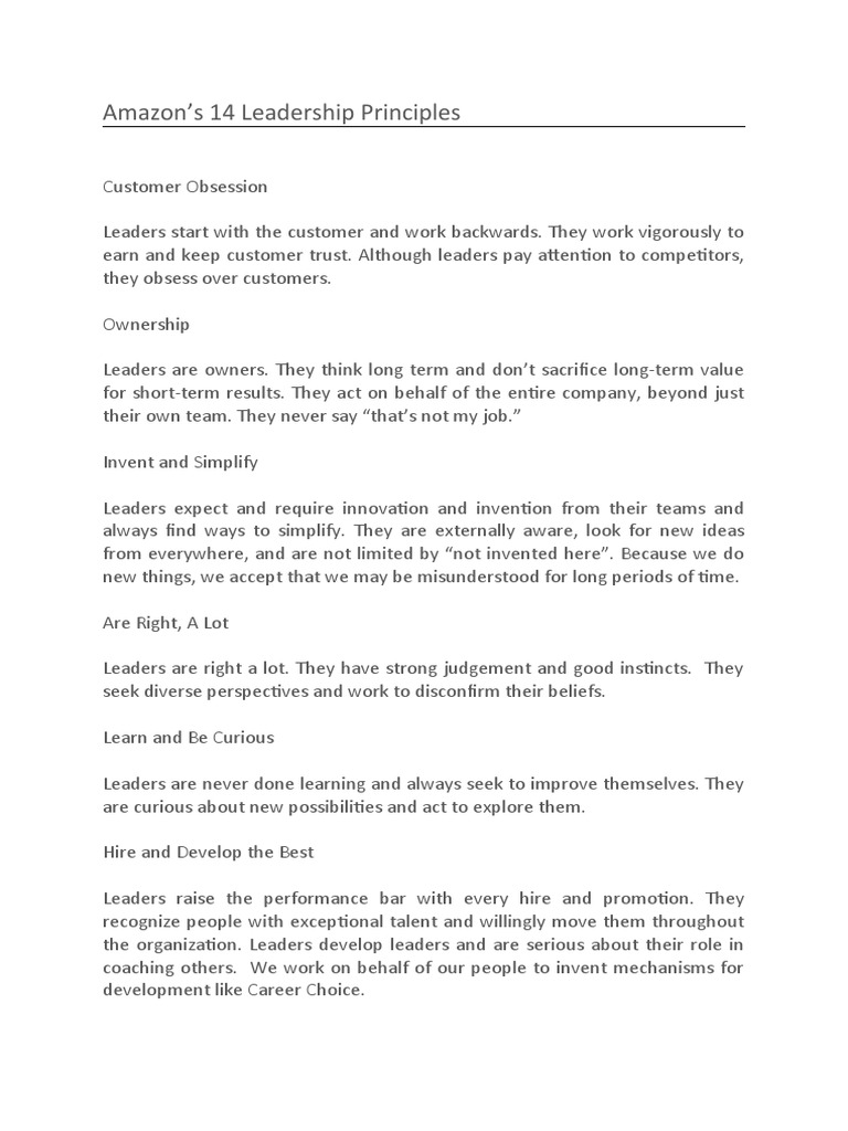 Amazon's 14 Leadership Prinicples | PDF | Leadership | Psychological ...