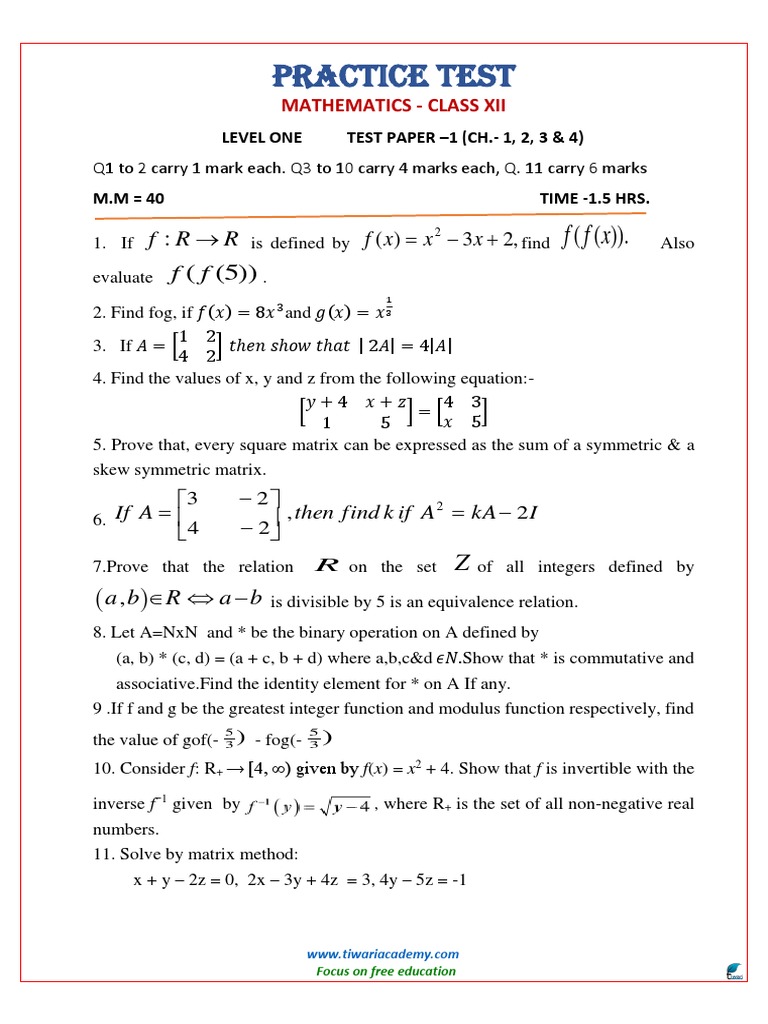 12 Maths Practice Test Chapter 1 2 3 4 Level 1 Test 1 | PDF | Teaching ...