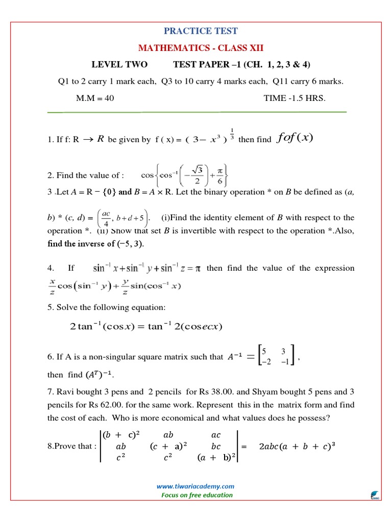 Level Two Test Paper - 1 (Ch. 1, 2, 3 & 4) : Mathematics - Class Xii ...