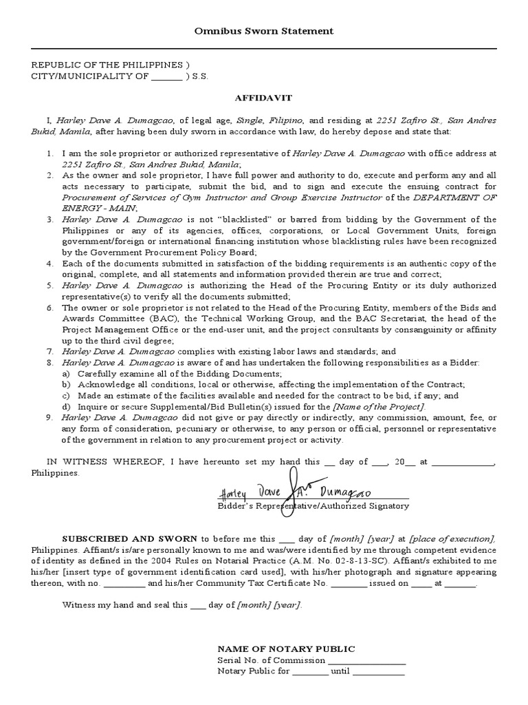 Affidavit: Omnibus Sworn Statement | PDF | Signature | Affidavit