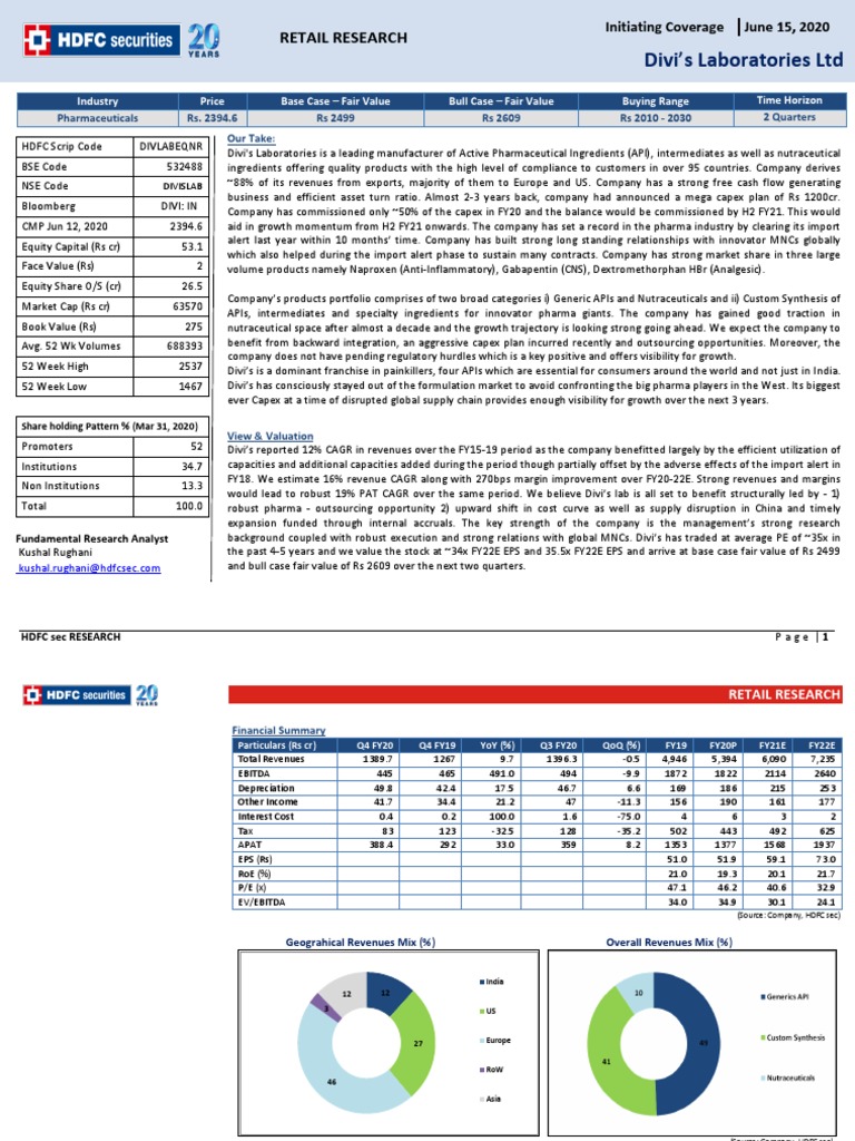 Divis Laboratories Initiating Coverage 15062020 | PDF | Financial ...