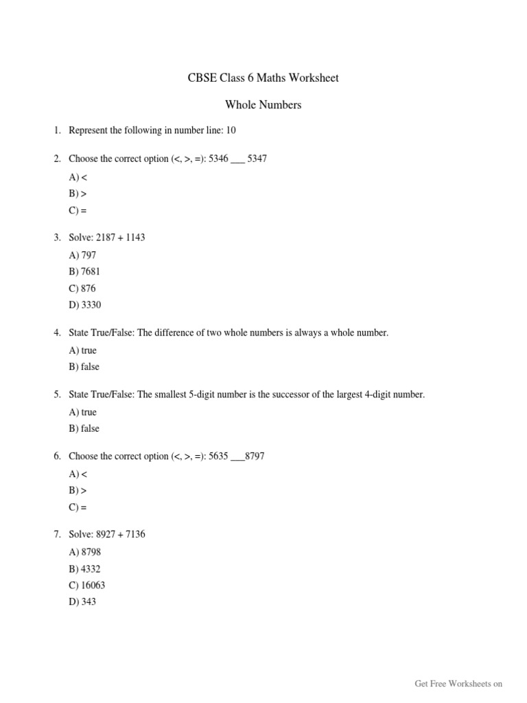 Grade 6 Math Worksheets Whole Numbers