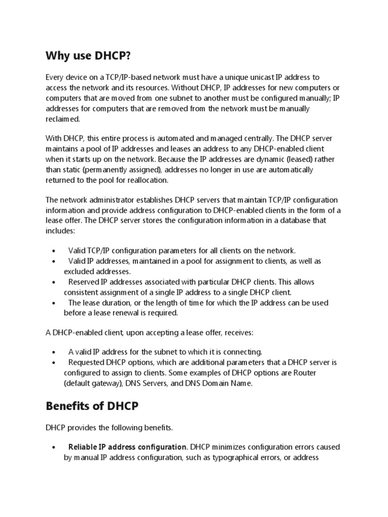 Why Use DHCP?: Reliable IP Address Configuration. DHCP Minimizes ...