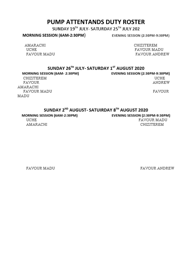 Pump Attentands Duty Roster: Sunday 19 July-Saturday 25 JULY 202 | PDF
