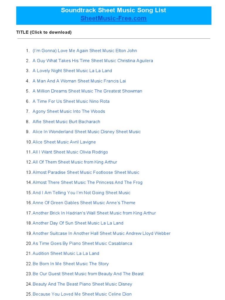 Soundtrack Sheet Music Song List: TITLE (Click To Download) | PDF ...