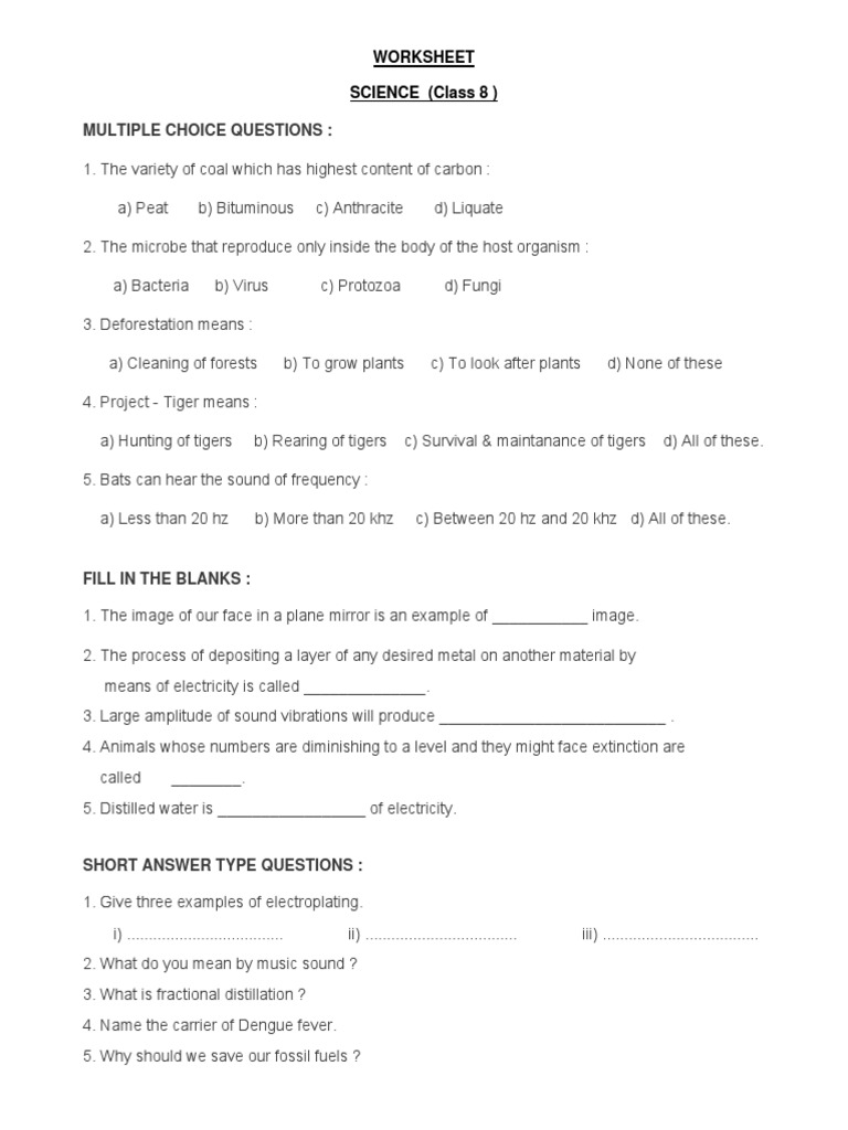 Multiple Choice Questions:: Worksheet SCIENCE (Class 8) | PDF