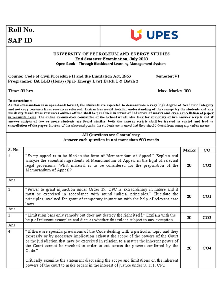 CPC II Exam Paper - July 2020 | PDF | Jurisdiction | Constitutional Law