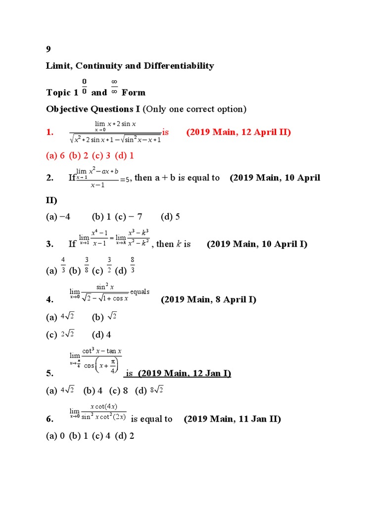 9 Limit, Continuity and Differentiability Topic 1 and Form Objective Questions I (Only One ...