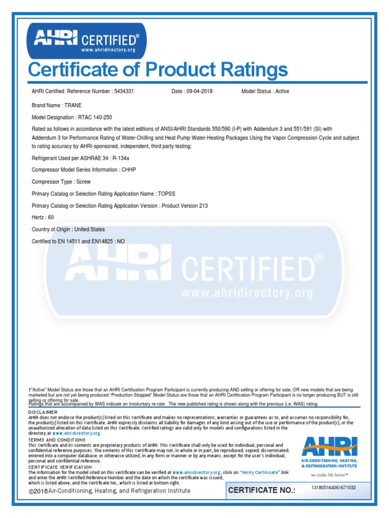 Certificate of Product Ratings | PDF | Heating, Ventilating, And Air ...