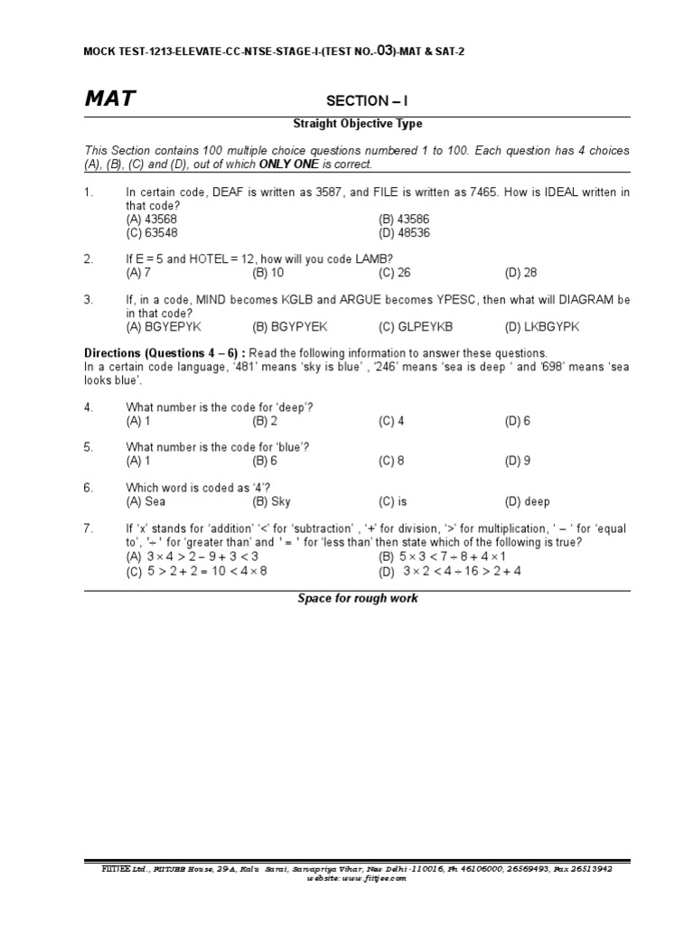 MAT Mock Test Questions and Answers | PDF | Chemistry | Nature