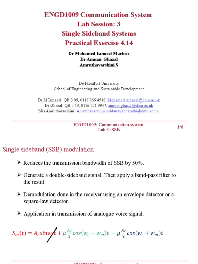 ENGD1009 Communication System Lab Session: 3 Single Sideband Systems Practical Exercise 4.14 ...