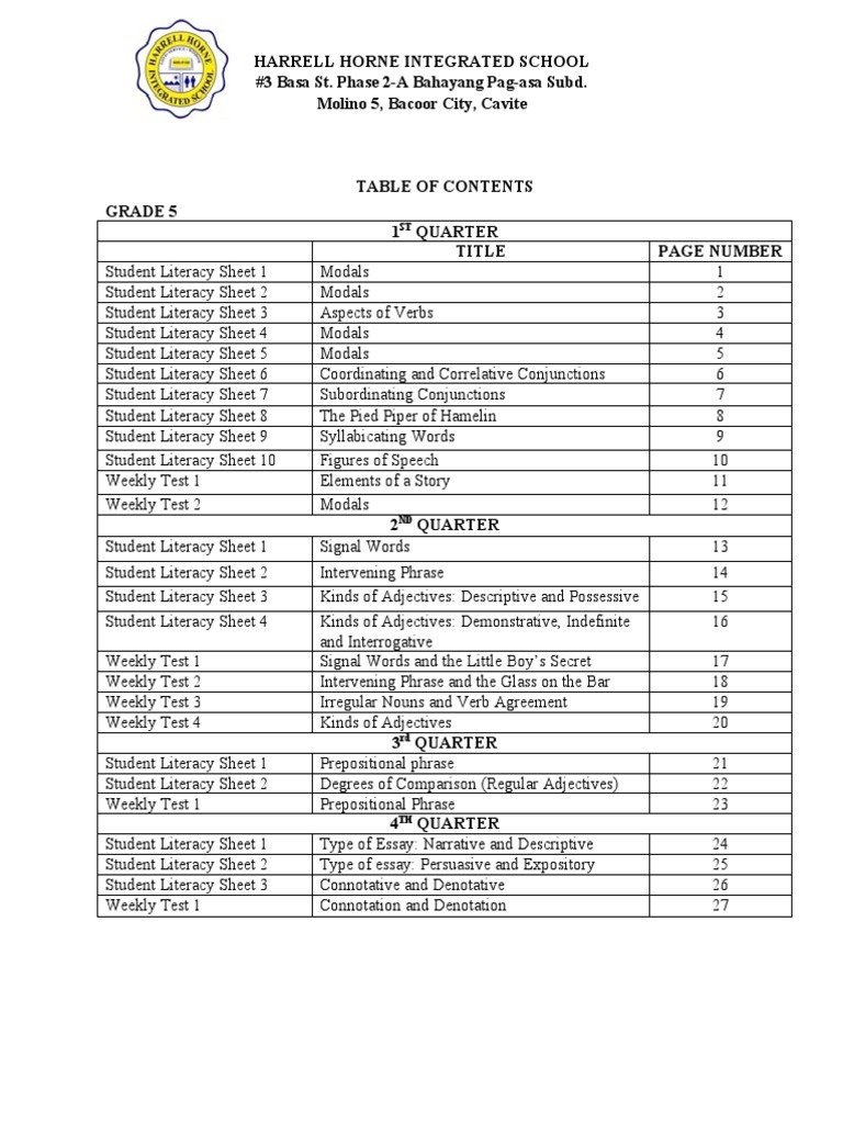 Table of Contents Worksheets | PDF | Adjective | Phrase
