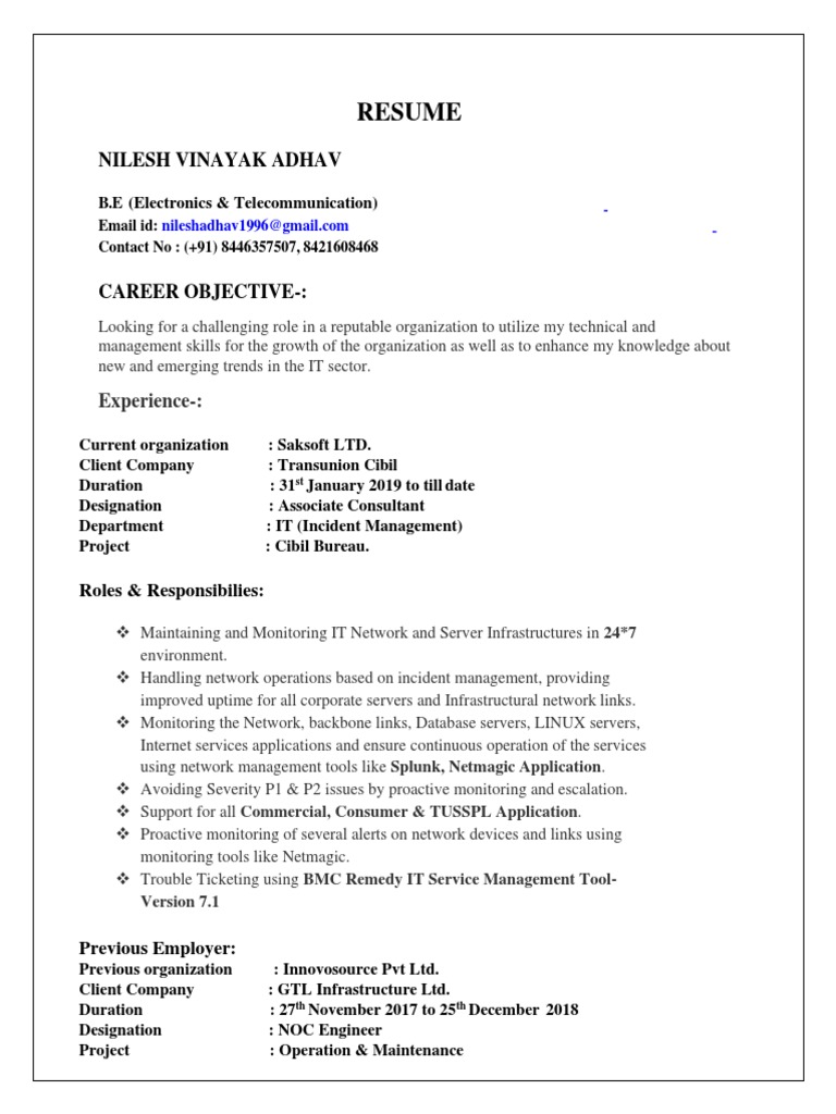 Resume: Nilesh Vinayak Adhav | PDF | Server (Computing) | Computer Network