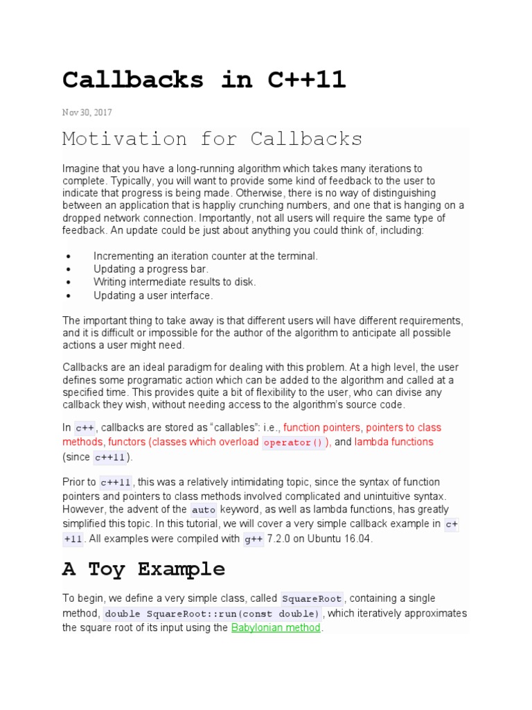 Callbacks in C++11 | PDF | Callback (Computer Programming) | Pointer (Computer Programming)