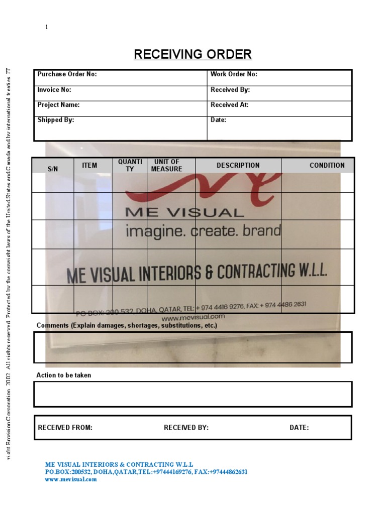 Receiving Order: Me Visual Interiors & Contracting W.L.L PO - BOX ...