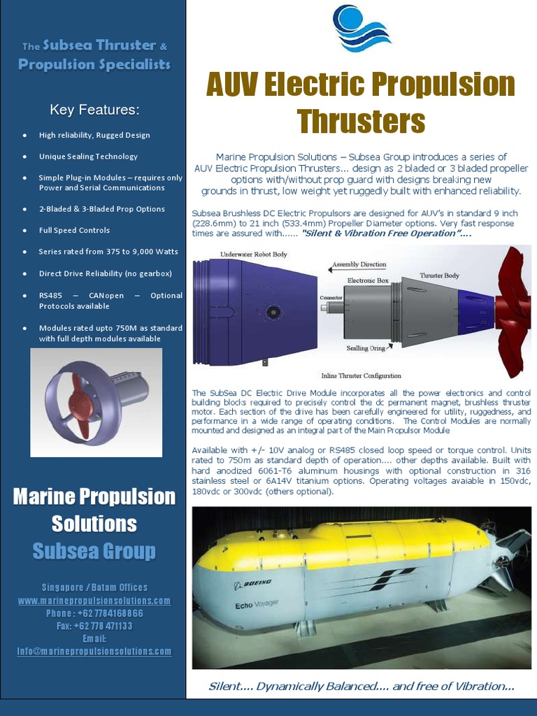 AUV Electric Propulsion Thrusters: Subsea Group | PDF | Propulsion ...