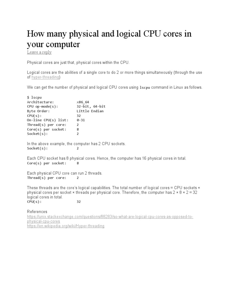 How Many Physical and Logical CPU Cores in Your System | PDF
