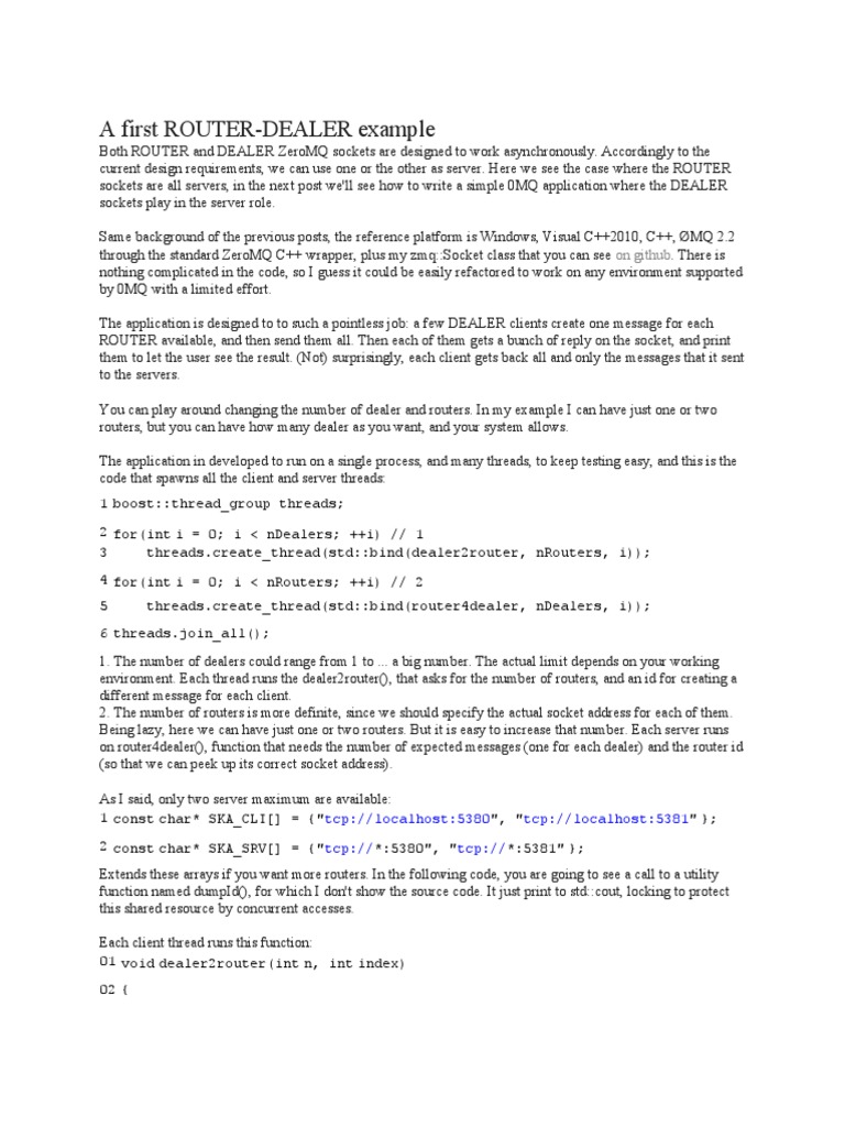 ZeroMQ Router-Dealer Example Code | PDF | Network Socket | Server ...