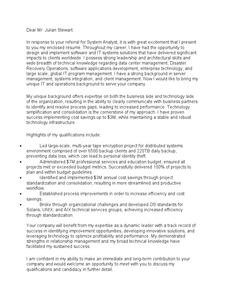 System Analyst Cover Letter | PDF | Backup | Data Center