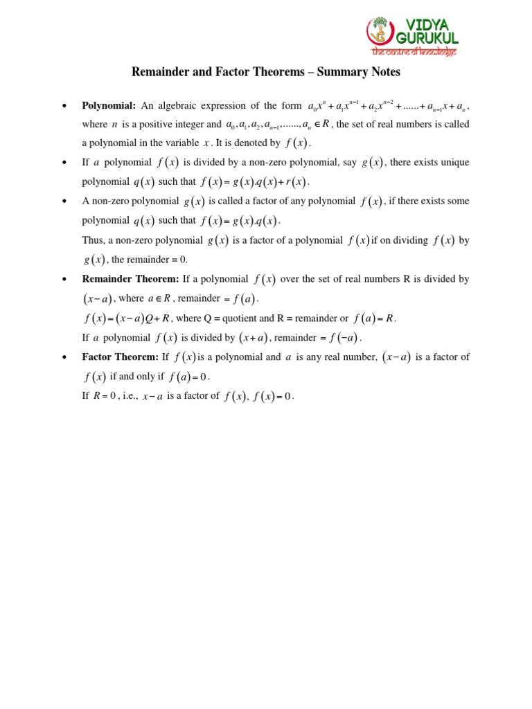 Reminder and Factor Theorem | PDF