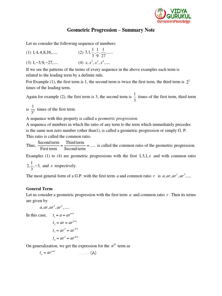 Geometric Progression - Summary Note: General Term | PDF | Summation ...