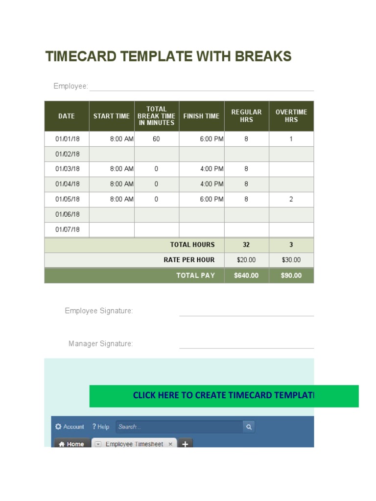 Timecard Template With Breaks: Employee | PDF