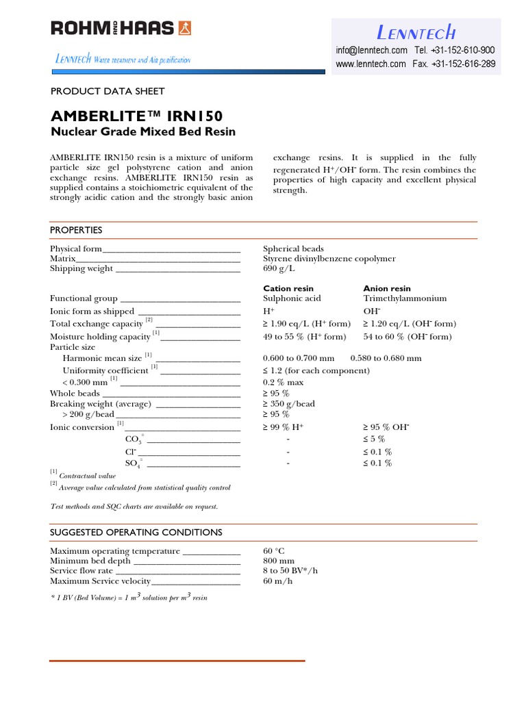 Rohm & Haas Amberlite IRN 150 L | PDF | Ion Exchange | Flow Measurement
