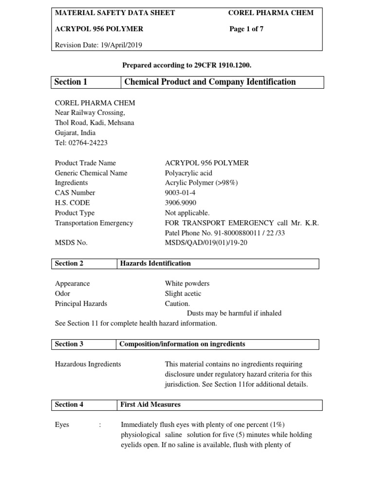 MSDS For Acrypol 956 (2019-20) PDF | PDF | Toxicity | Firefighting