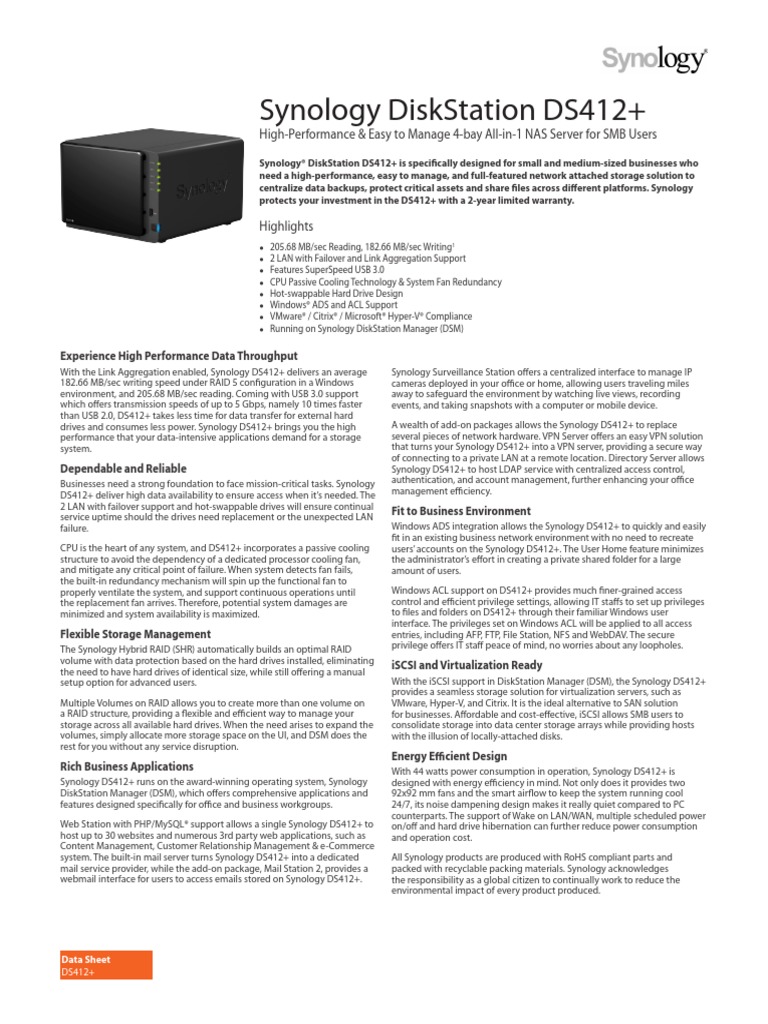 Synology DS412+ Data Sheet Enu | PDF | File Transfer Protocol | Hard ...