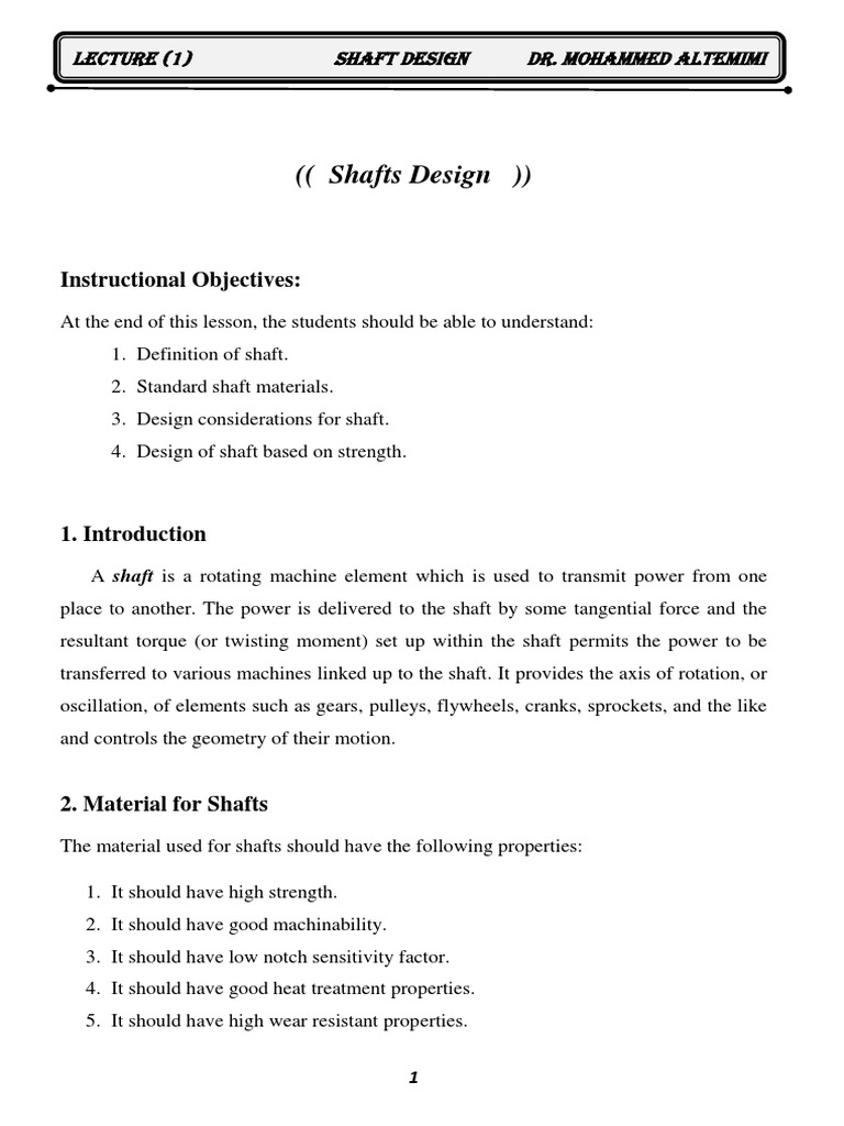 Lecture 1. Shaft Design | PDF | Bending | Belt (Mechanical)