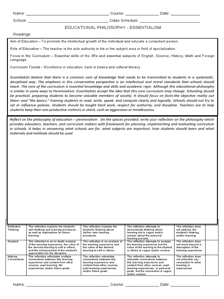 Essentialism educational philosophy reflection | PDF | Philosophy Of ...