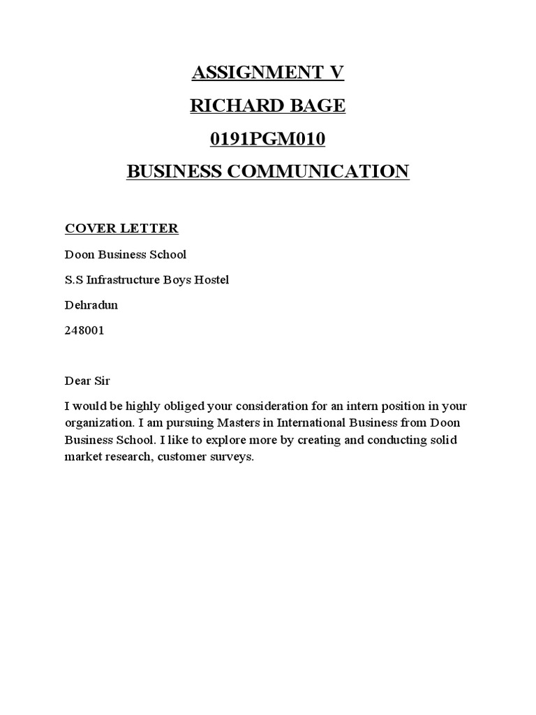 Assignment V Richard Bage 0191PGM010 Business Communication: Cover ...