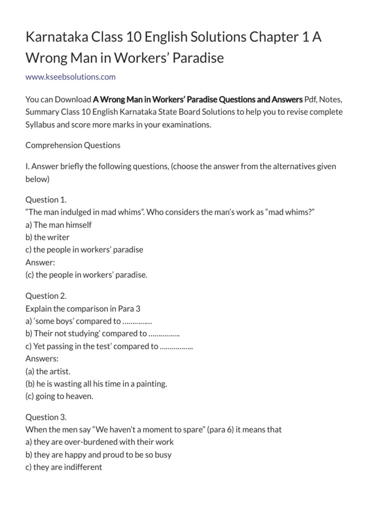Karnataka Class 10 English Solutions Chapter 1 A Wrong Man in Workers ...