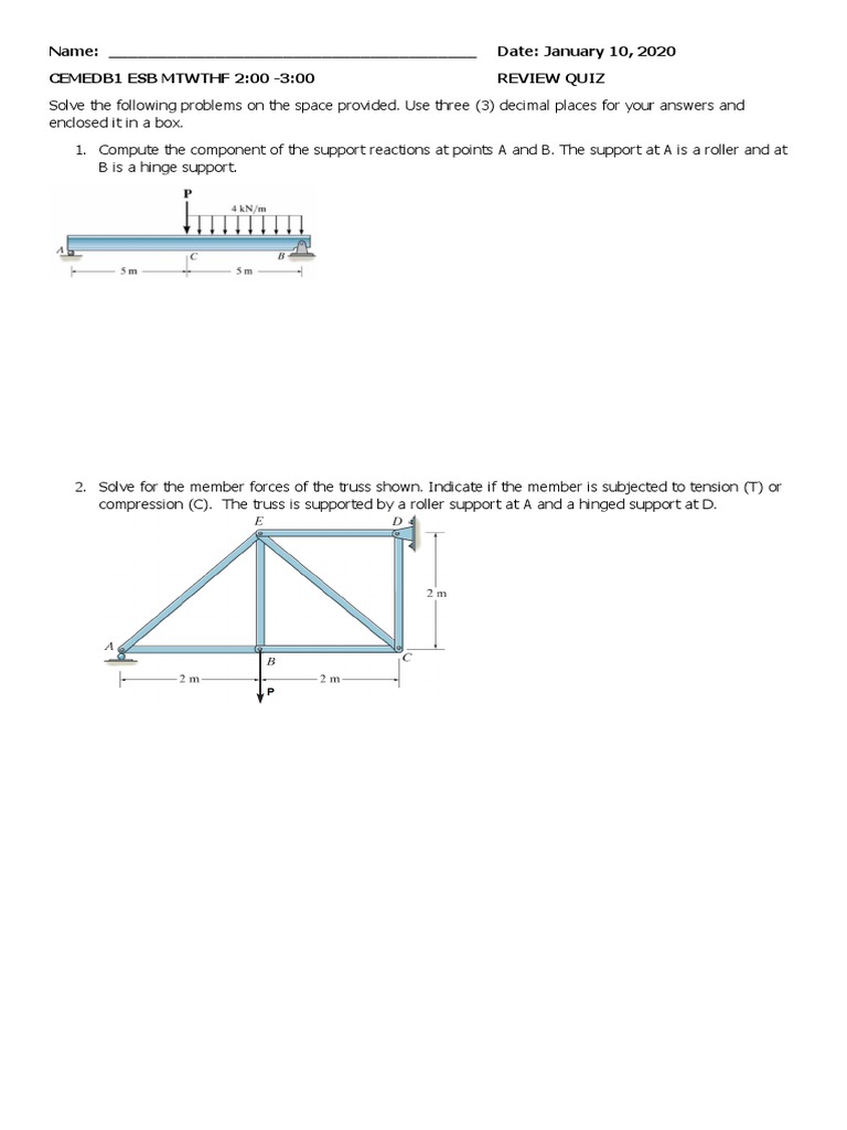 Cemedb1 Review of Statics Quiz | PDF