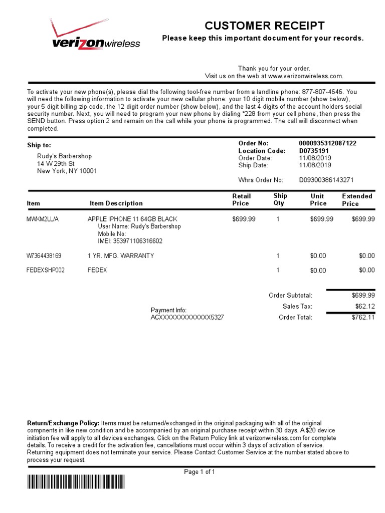 Customer Receipt: Please Keep This Important Document For Your Records ...