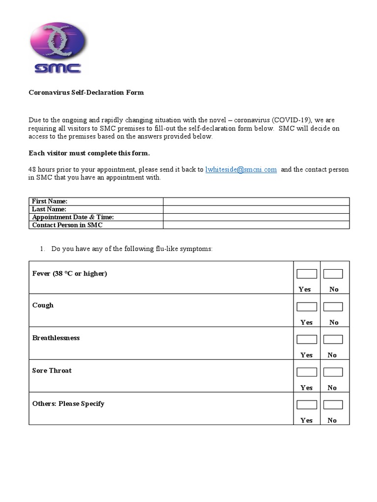 Coronavirus Self Declaration Form 2020 SMC | PDF | Microbiology ...