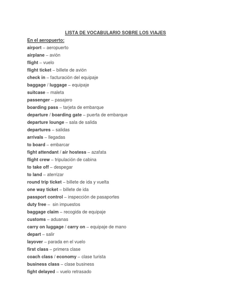 Travel Vocabulary - Spanish | PDF | Aviación | Servicios (economía)