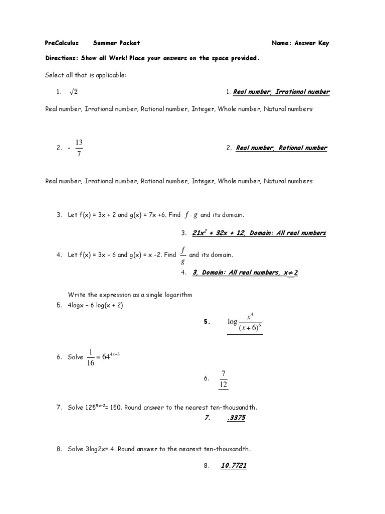 PreCalculus Summer Assignment Answer Key | PDF | Line (Geometry) | Numbers