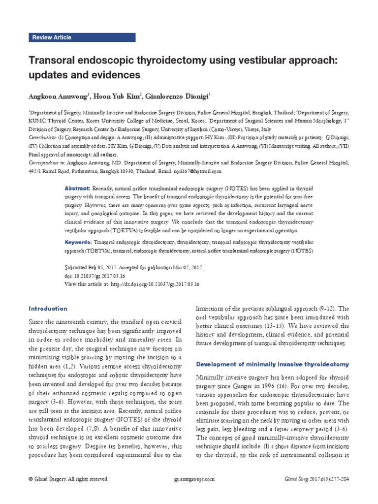Transoral Endoscopic Thyroidectomy Using Vestibular Approach: Updates ...