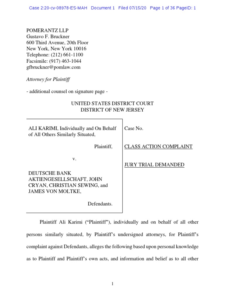 Karimi v. Deutsche Bank Complaint | PDF | Internal Control | Sec Rule 10b 5