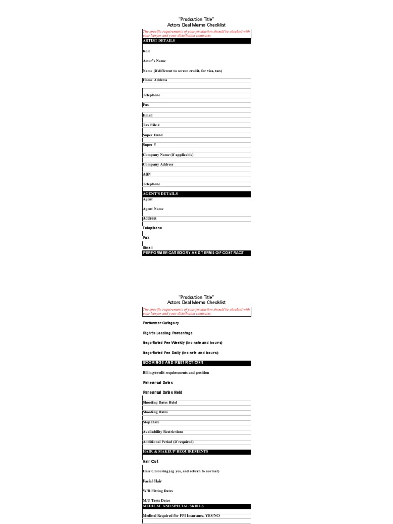 "Prodcution Title" Actors Deal Memo Checklist: Artist Details | PDF