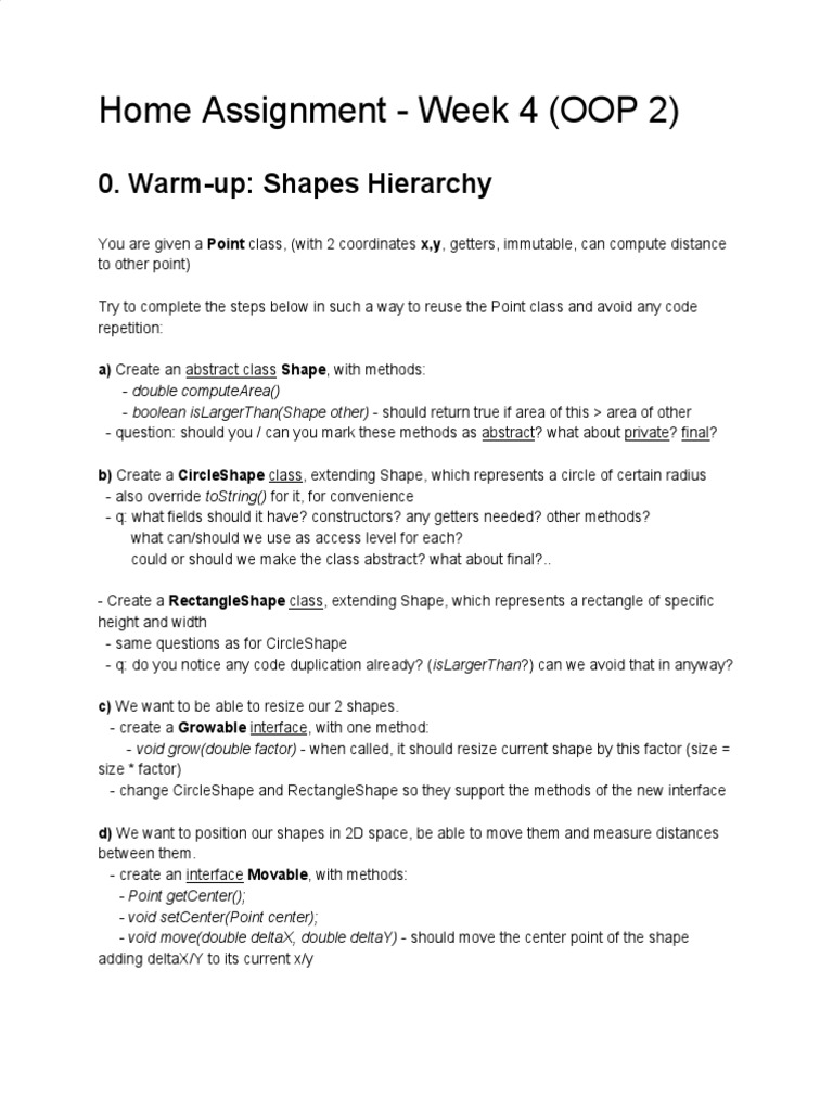 Home Assignment - Week 4 (OOP 2) : 0. Warm-Up: Shapes Hierarchy | PDF ... Home Assignment - Week 4 (OOP 2) : 0. Warm-Up: Shapes Hierarchy | PDF ...