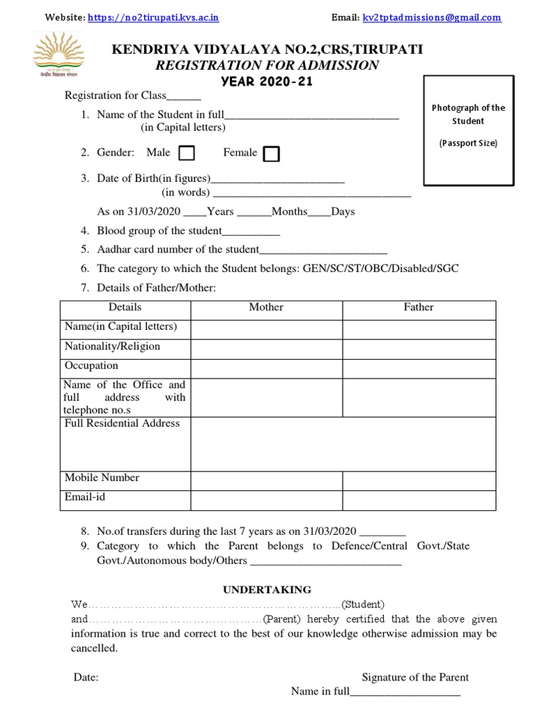 Online Registration Form for Admission to Kendriya Vidyalaya No. 2 ...