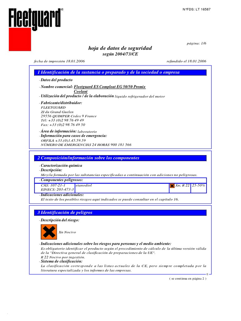 ES Compleat EG 50/50 Premix Coolant SDS | PDF | Agua | Química